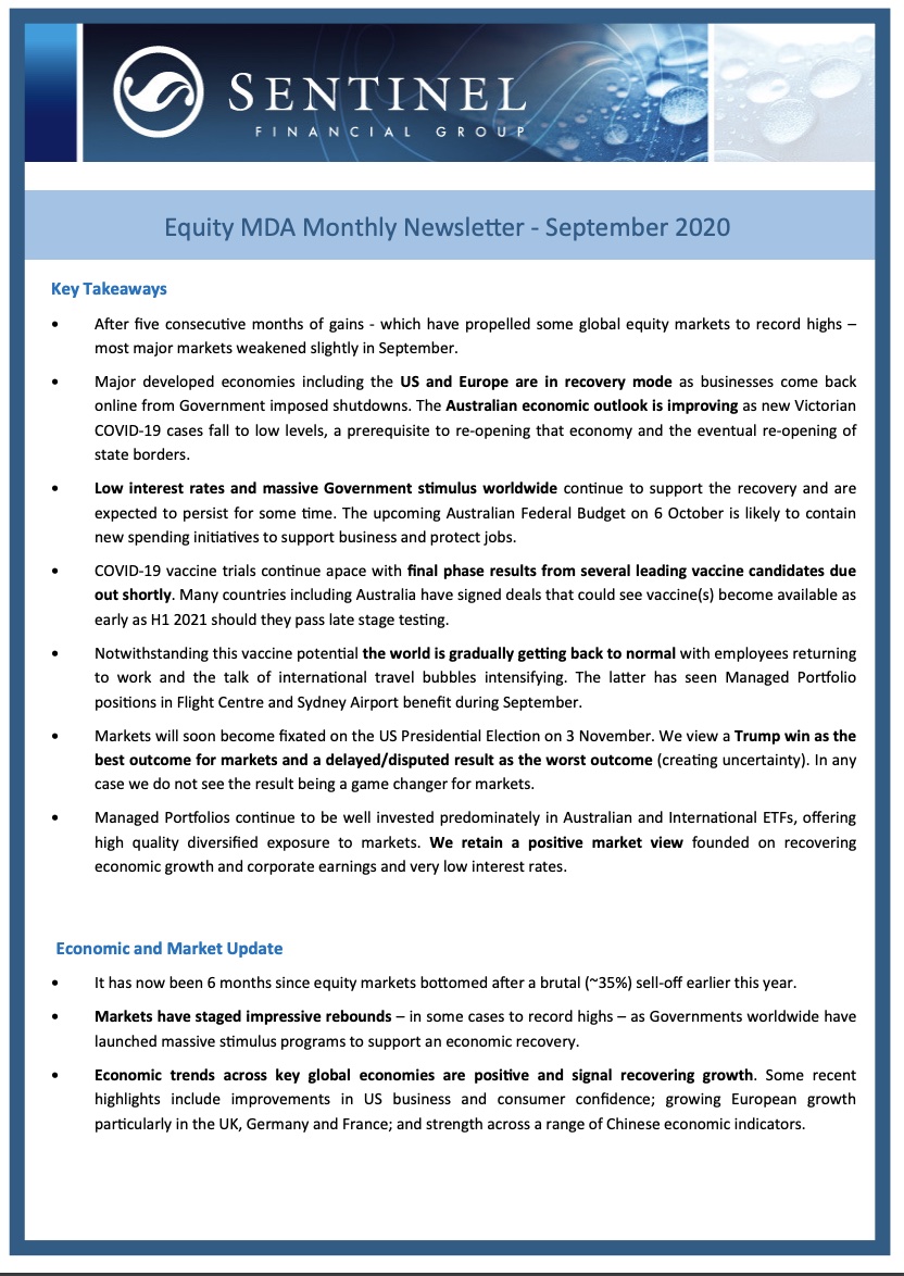 Sentinel Equity MDA Newsletter September 2020 - Savanna Pride
