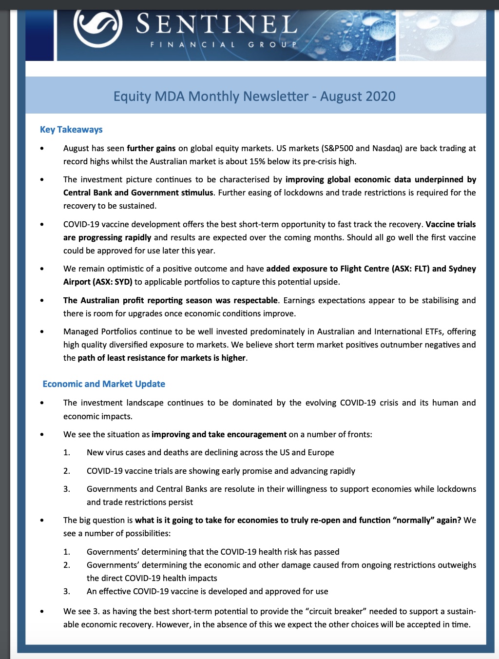 Sentinel Equity MDA Newsletter September 2020 - Savanna Pride